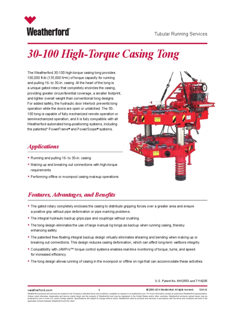 30-100 High-Torque Casing Tong: Applications | PDF | Patent