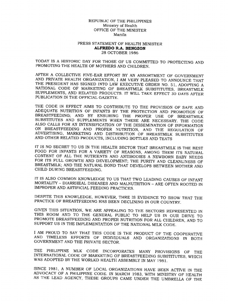 EO 51 - Milk Code | PDF | Breastfeeding | Breast Milk