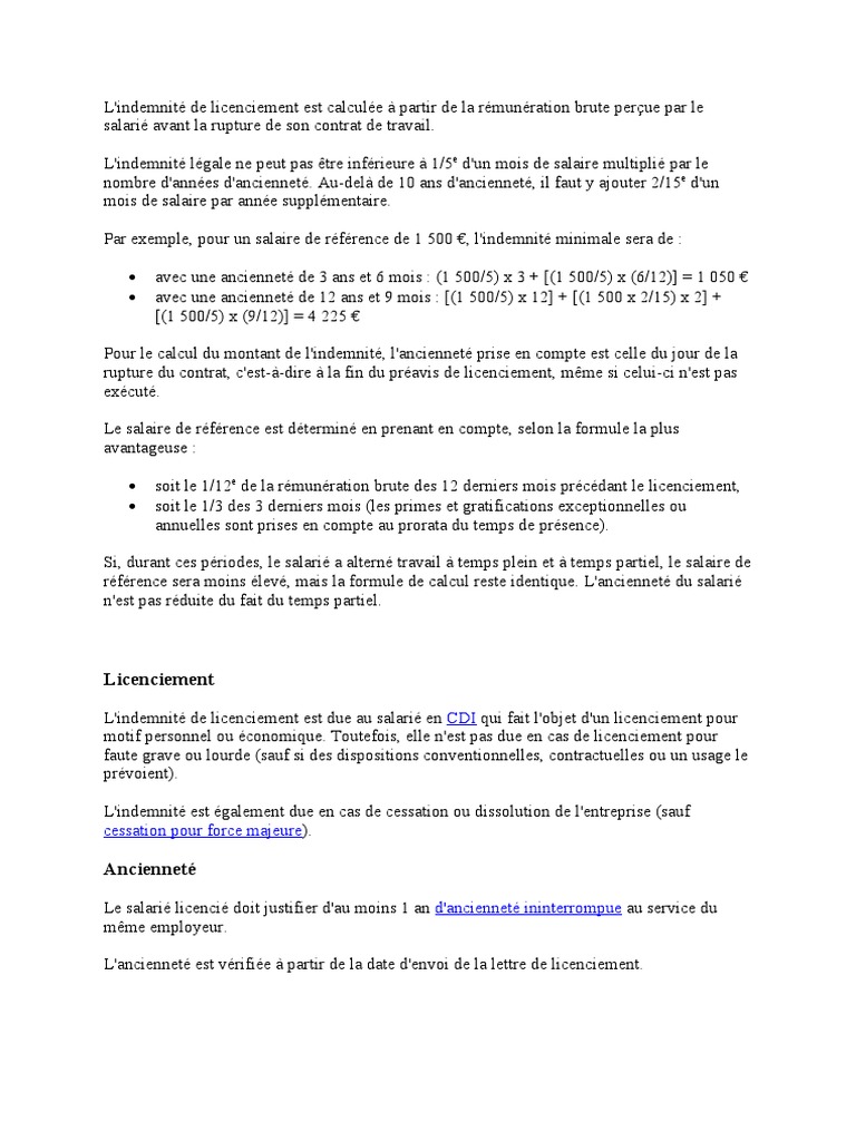 Calcul Indemnités Licenciement économique