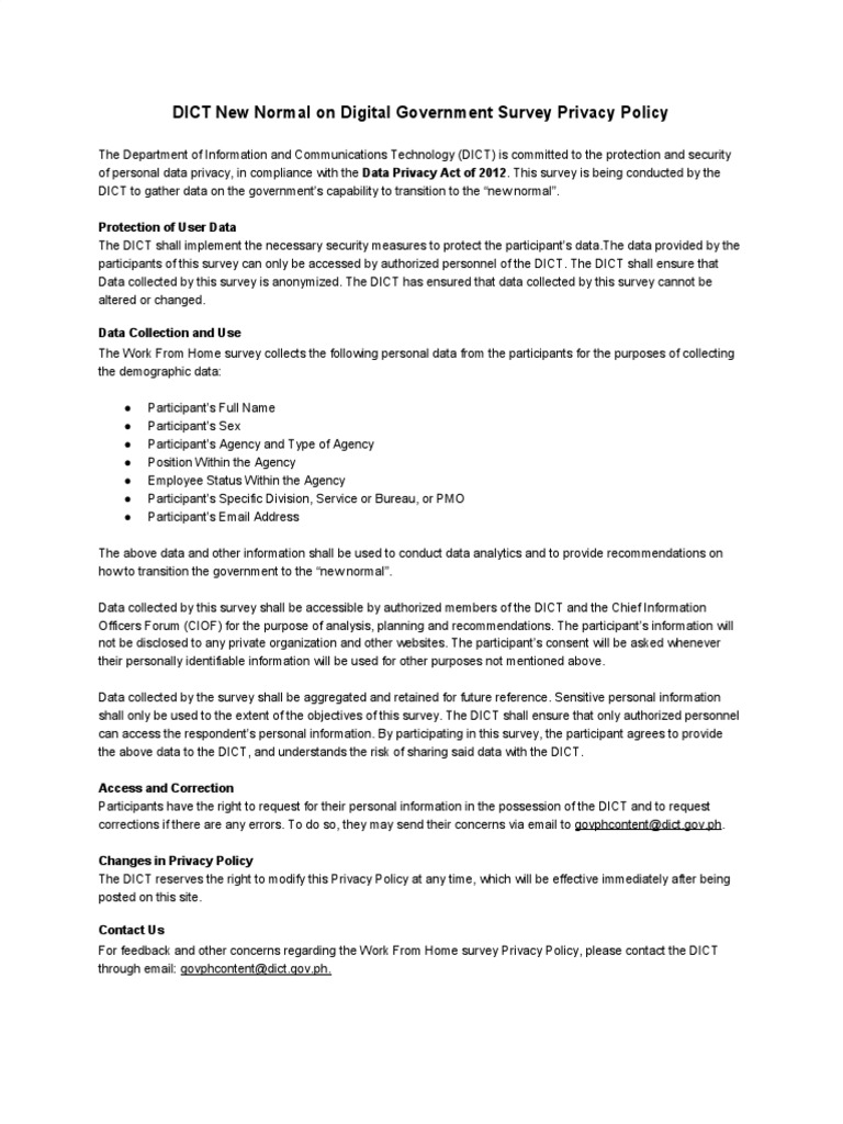 DICT New Normal Survey Privacy Policy | PDF | Information Privacy ...