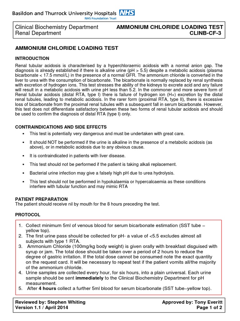 Ammonium Chloride Loading Test Guide | PDF | Kidney | Medical Specialties