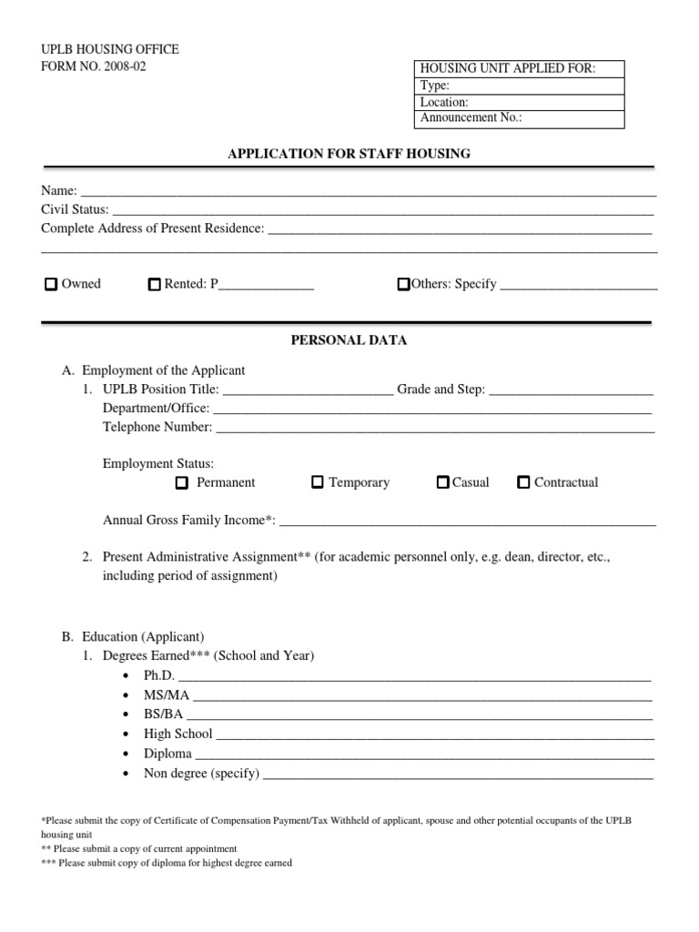 UPLB Staff Housing Application Form | PDF | Academic Degree | Diploma
