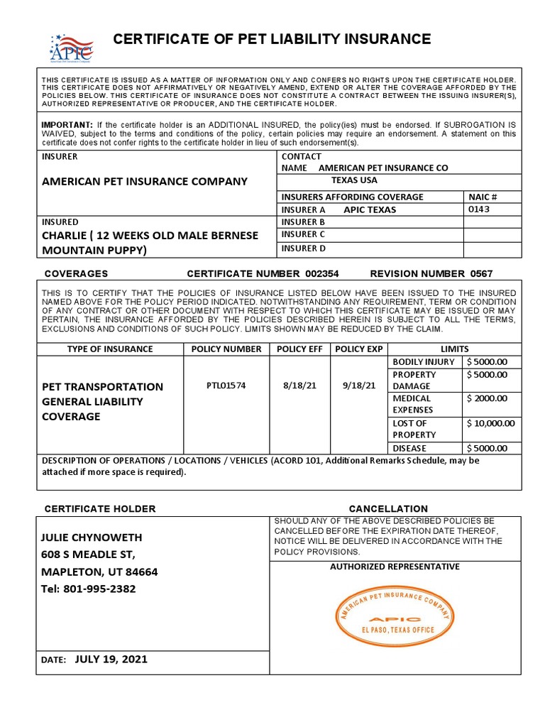 Pet Liability Insurance Certificate | PDF | Insurance | Liability Insurance