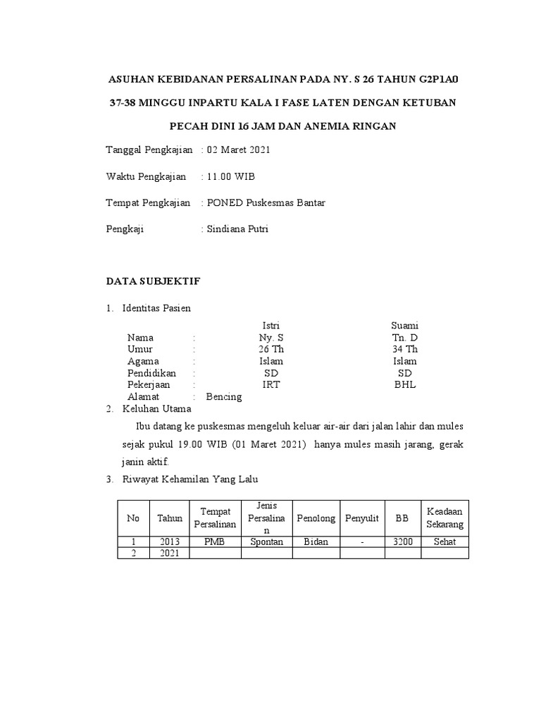 Persalinan Ny. S 26 Tahun G2P1A0 37-38 Minggu Inpartu Kala I Fase Laten ...