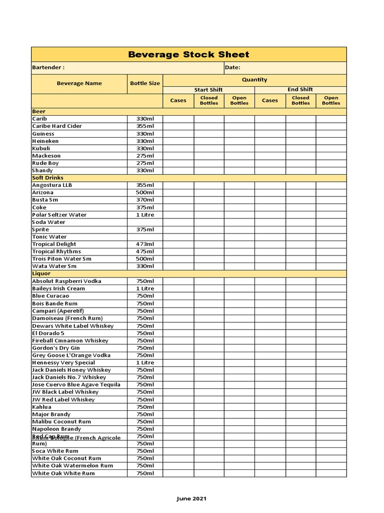Beverage Stock Sheet: Bartender: Date: Beverage Name Bottle Size ...