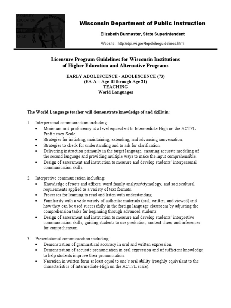Licensure Program Guidelines For Wisconsin Institutions of Higher ...