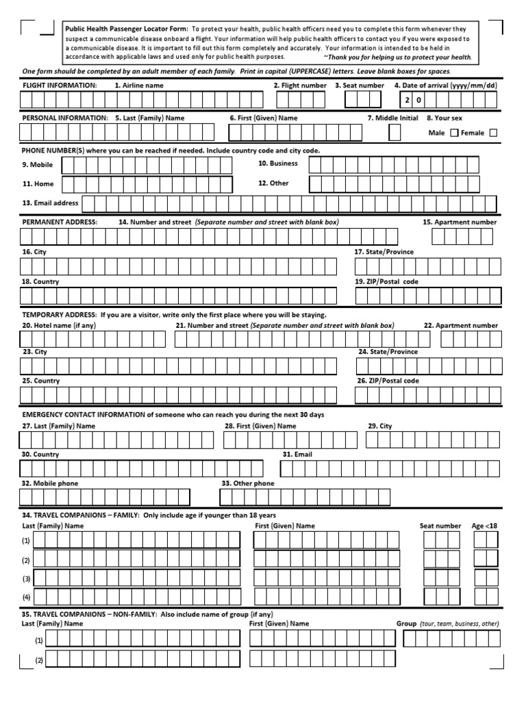 Passenger Locator Form for Health Safety | PDF | Zip Code | Mail