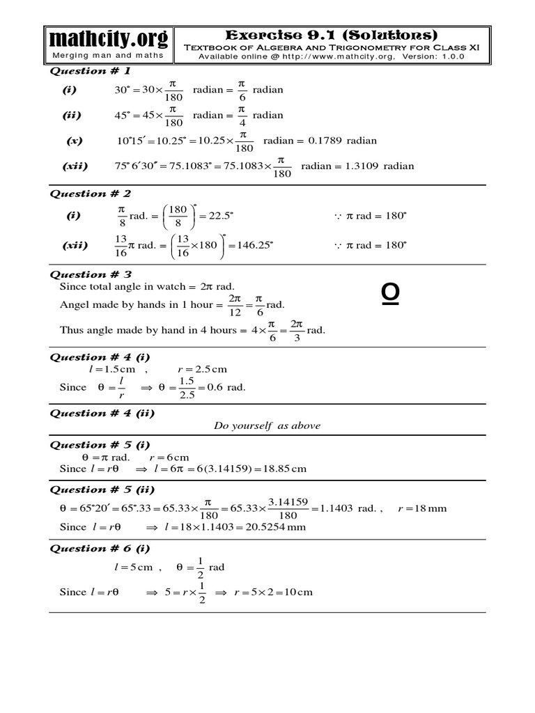 Exercise 9.1 (Solutions) : Textbook of Algebra and Trigonometry For ...
