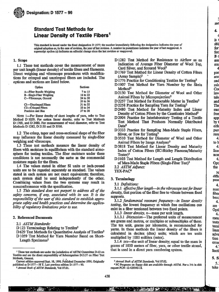 Astm D1577-96 Linear Density of Textile Fibers | PDF