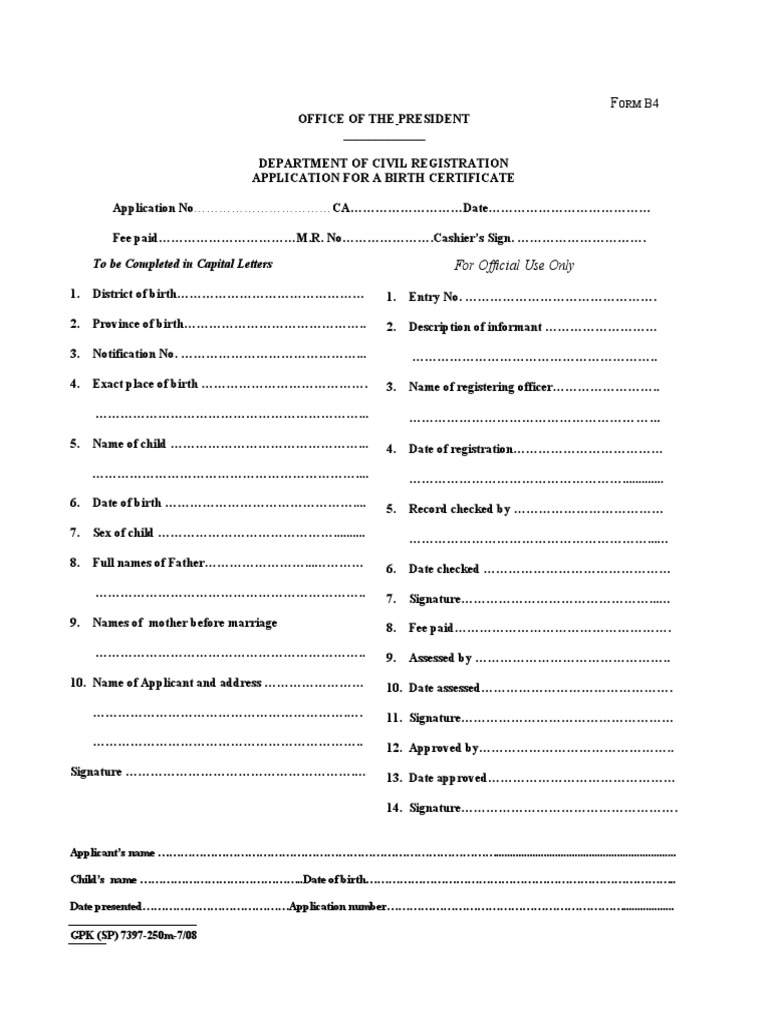 Application for a Birth Certificate: Form B4 from the Department of ...
