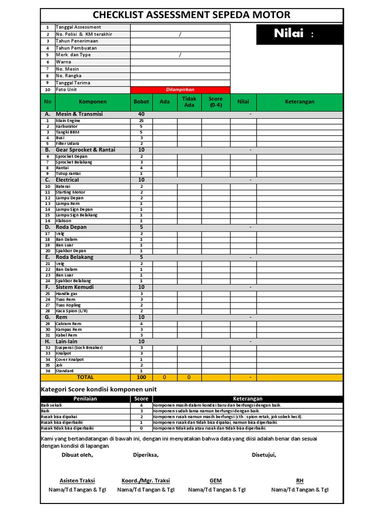 Checklist Assesment Sepeda Motor Bekas MOP | PDF