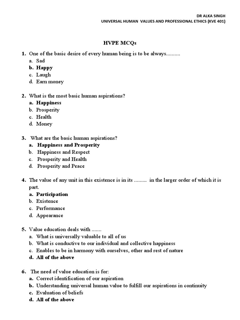 Hvpe MCQS | PDF | Value (Ethics) | Happiness