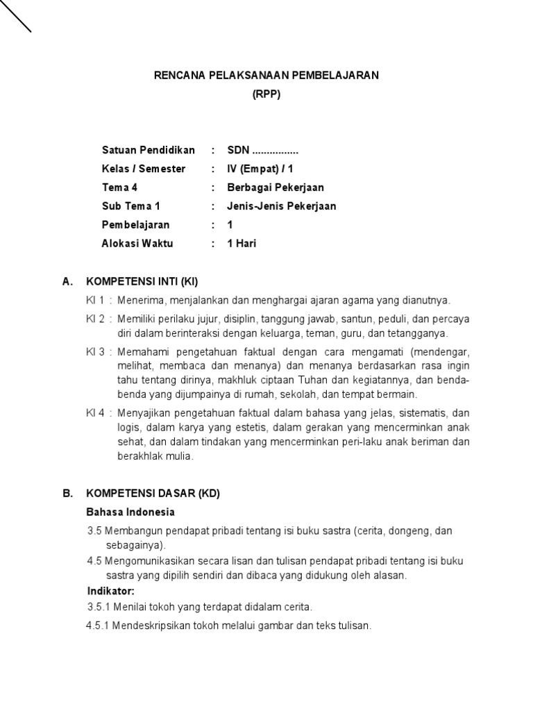 RPP Kelas 4 Tema 4 | PDF | Karier & Perkembangan