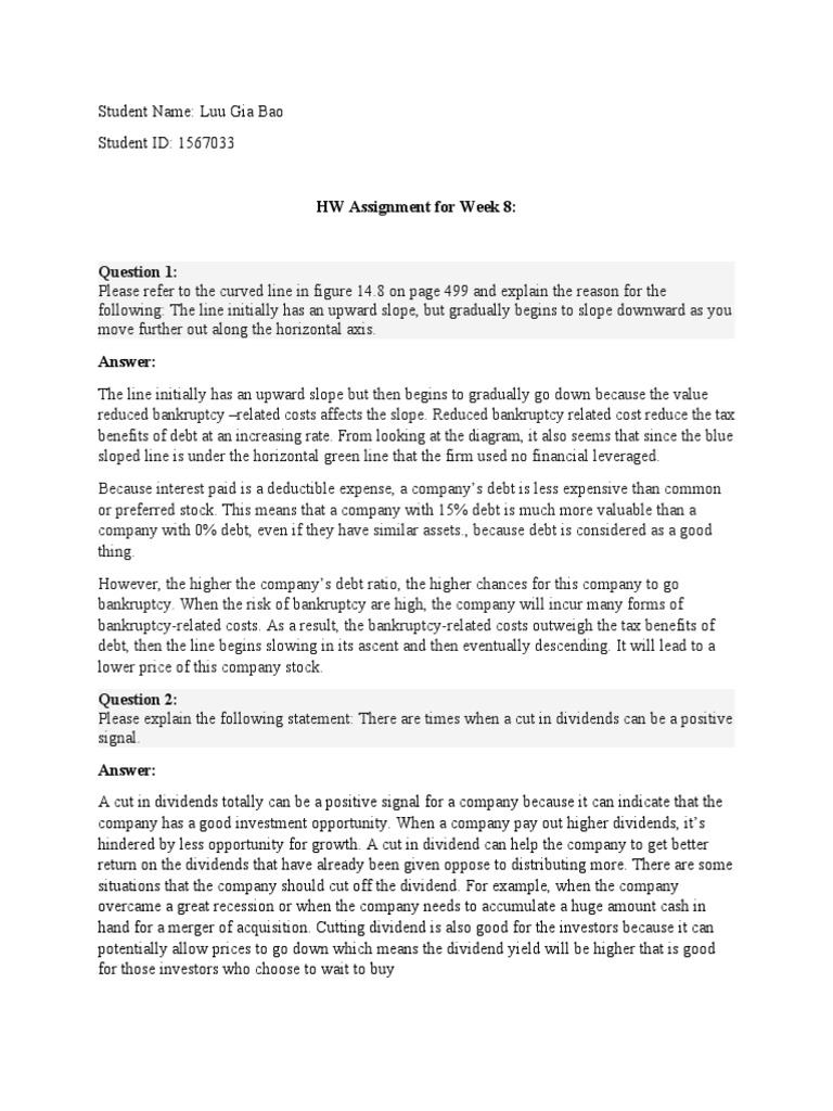 HW Assignment Week 8 Student ID 1567033 | PDF | Dividend | Investor
