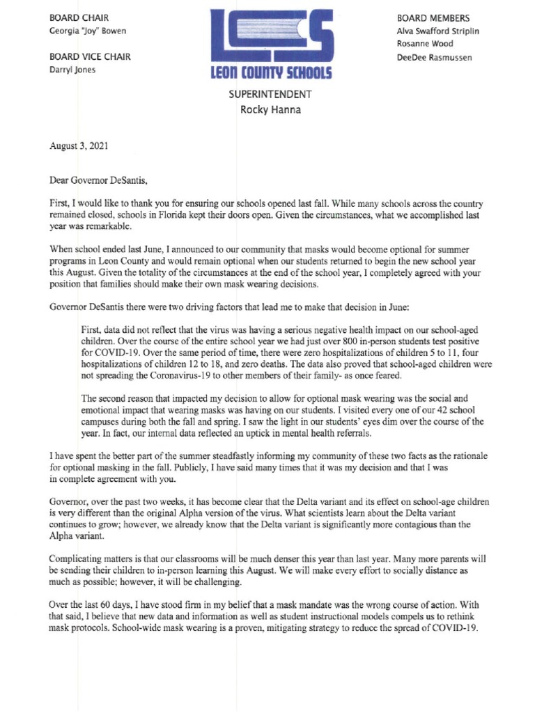 Letter From Superintendent Hanna To Gov. DeSantis | PDF