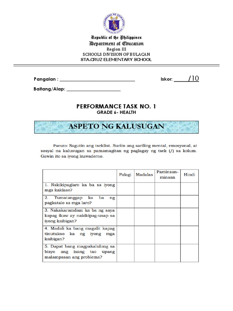 PERFORMANCE TASK-PT With Rubrics-HEALTH 6 | PDF