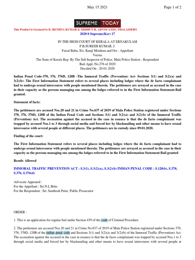 Faisal Babu S o Kunji Moideen VS State of Kerala Rep by The Sub ...