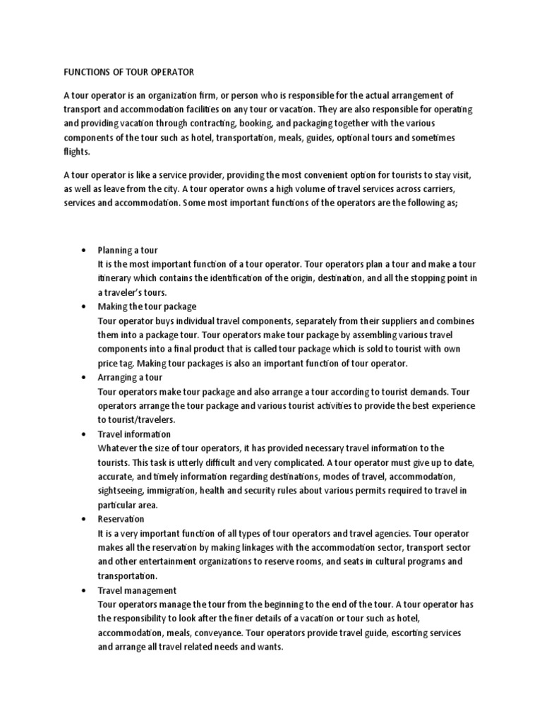 Functions of Tour Operator | PDF | Tourism | Transport