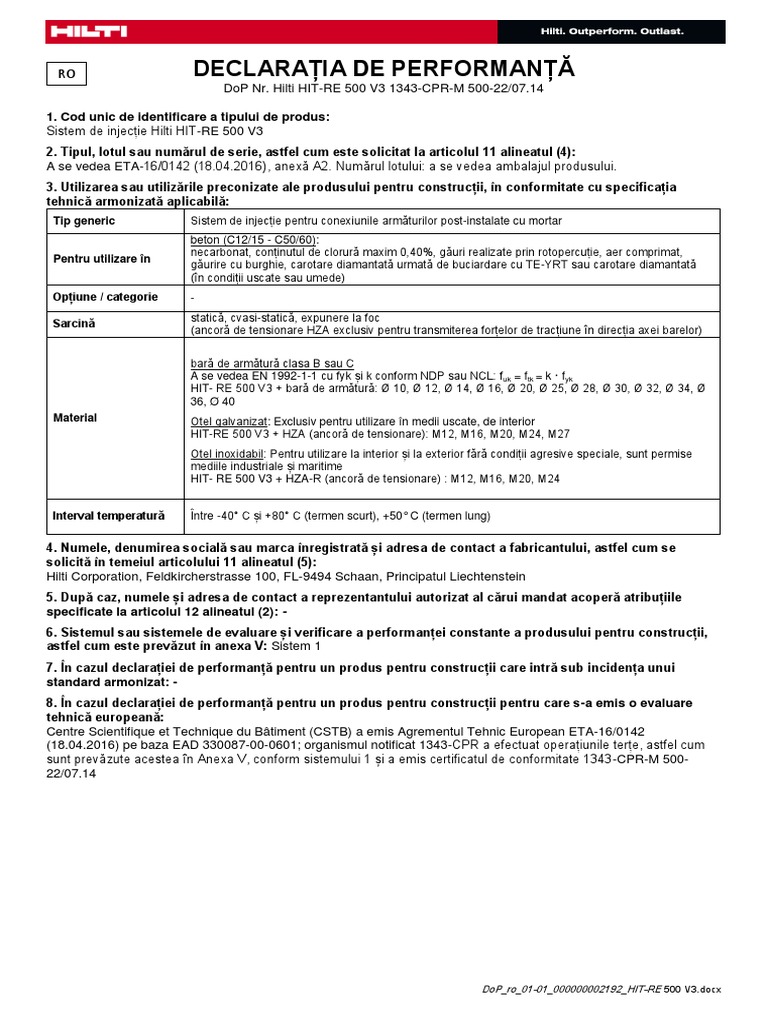 Declaration of Performance HIT RE 500 V3 RO Declaration of Performance ...