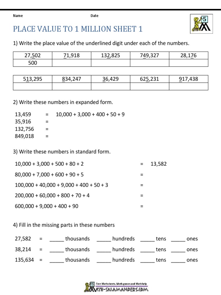 Place Value To 1 Million Sheet 1: Name Date | PDF | Communication | Writing