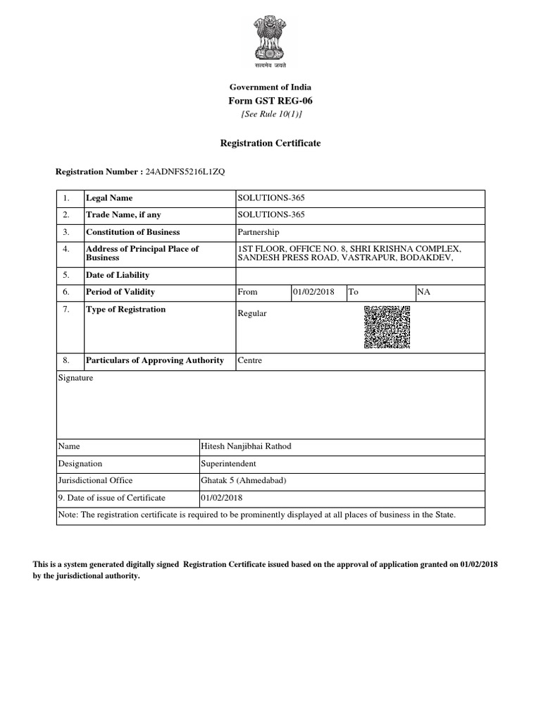 GST Registration Certificate Sol365.1 | PDF
