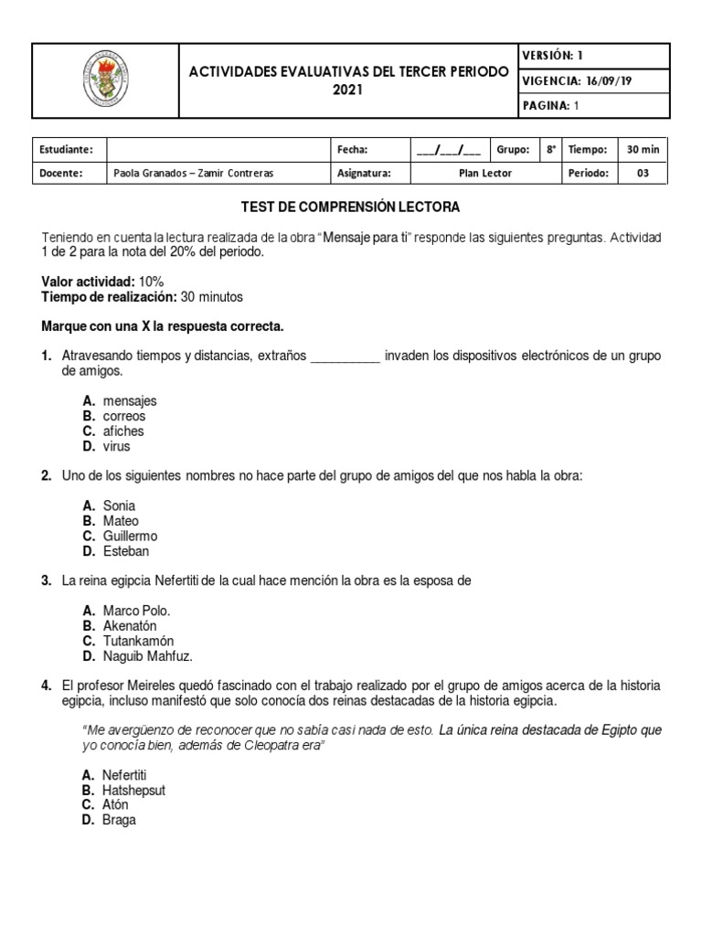 Actividad Evaluativa 1 - Plan Lector 8° | PDF