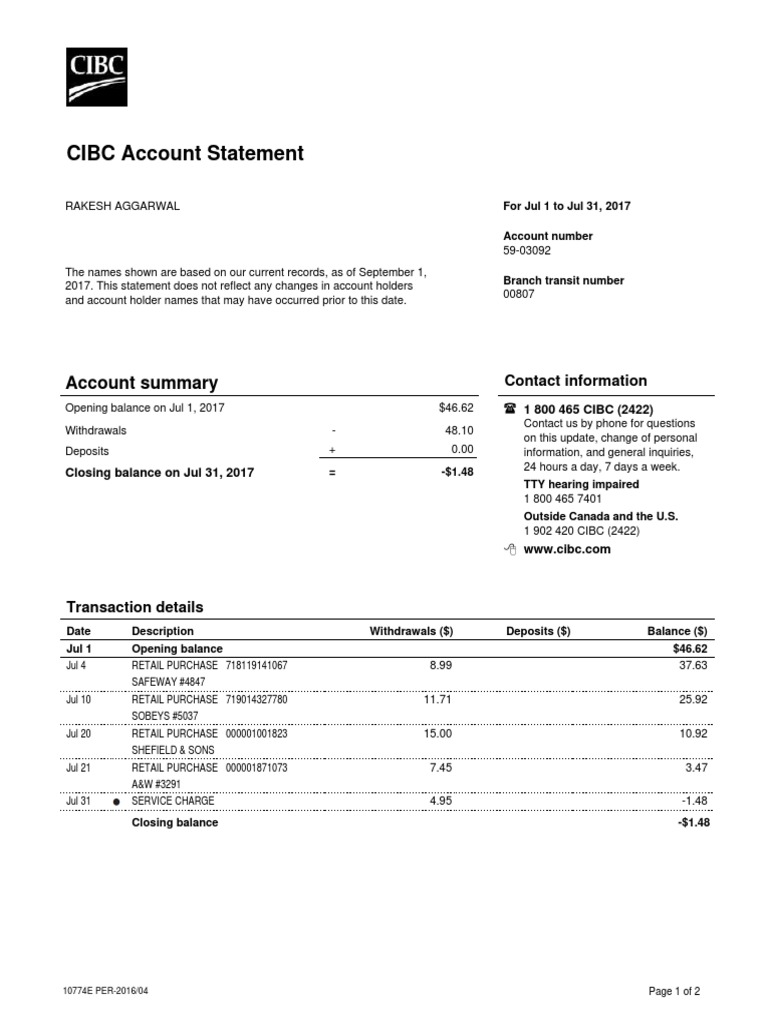 CIBC Account Statement | PDF | Fee | Financial Services