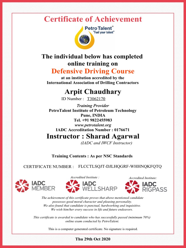 Certificate of Achievement: Defensive Driving Course | PDF