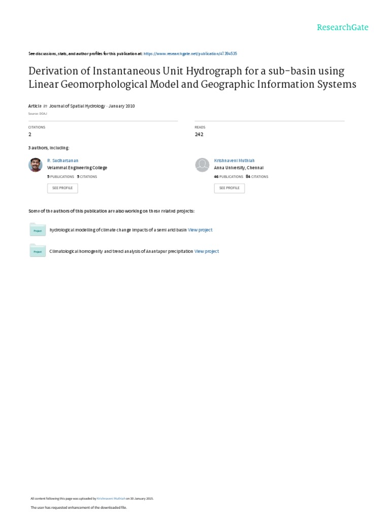 Derivation of Instantaneous Unit Hydrograph For A Sub-Basin Using Linear Geomorphological Model ...