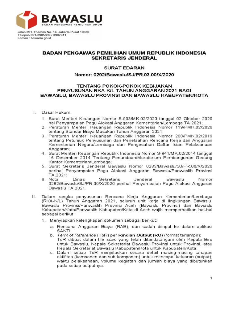 SE Sekjen Bawaslu No. 0292 TTG Pokok-Pokok Kebijakan Penyusunan RKAKL 2021 | PDF | Pengelolaan ...
