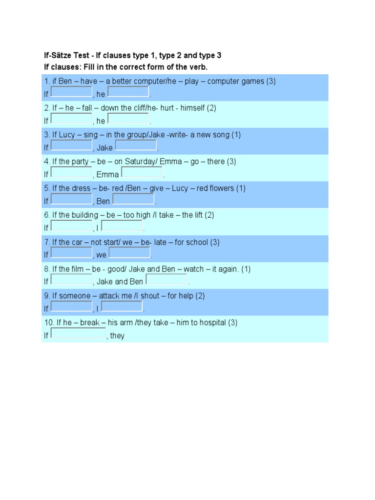 If-Sätze Test - If Clauses Type 1, Type 2 and Type 3 If Clauses: Fill ...