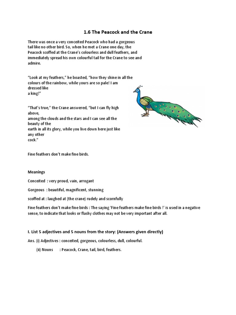 1.6 The Peacock and The Crane: I. List 5 Adjectives and 5 Nouns From ...