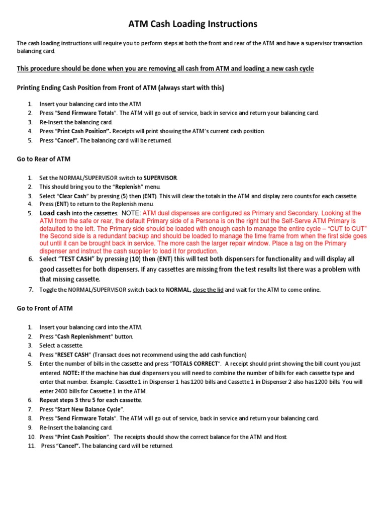 NCR ATM Cash Loading Instructions Add - Reset No Rear Counts1 | PDF ...