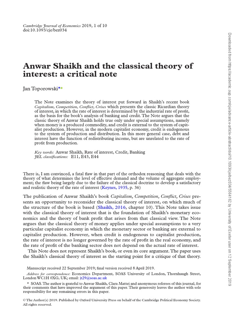 Jan Toporowski Anwar Shaikh and The Classical Theory of Interest. A ...
