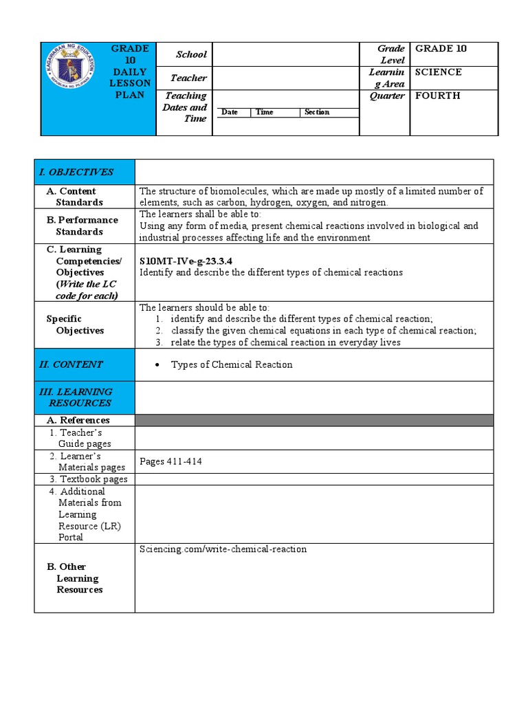 Grade 10 Daily Lesson Plan Grade 10 Science | PDF | Chemical Reactions ...