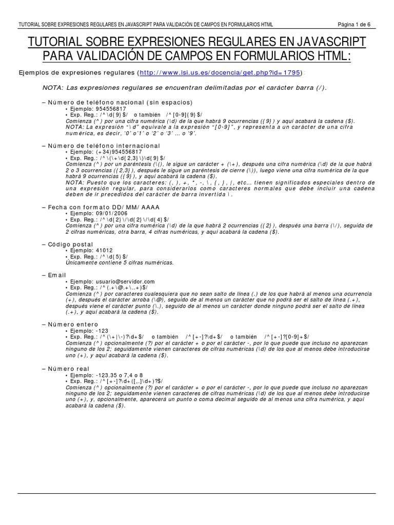 Tutorial Sobre Expresiones Regulares en Javascript para Validación de Campos en Formularios HTML ...