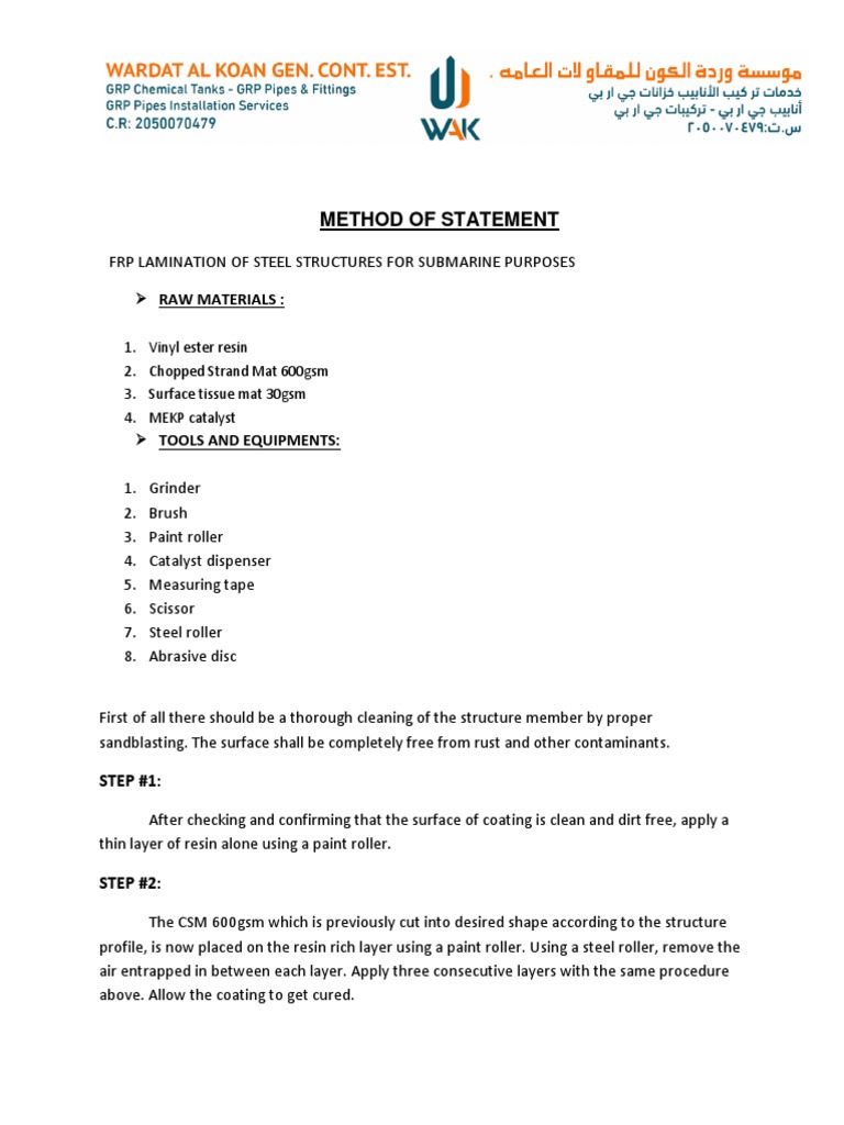 Method Statement For FRP Coating. | PDF