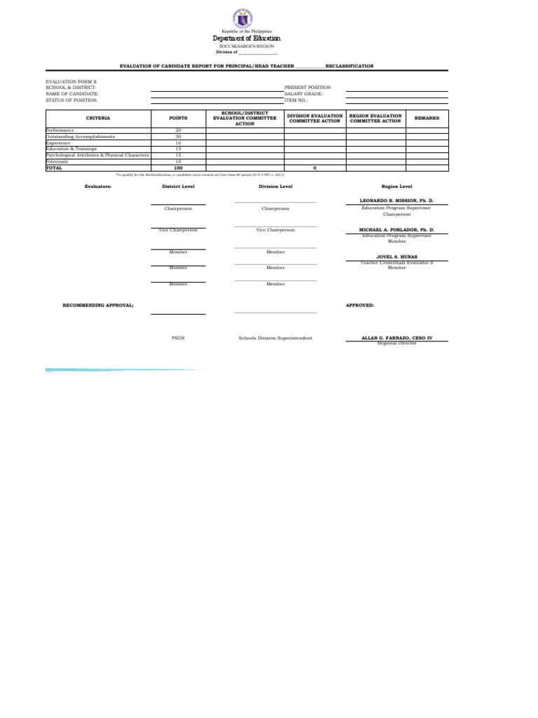 Principal Reclassification Evaluation Form | PDF | Teachers | Doctor Of ...