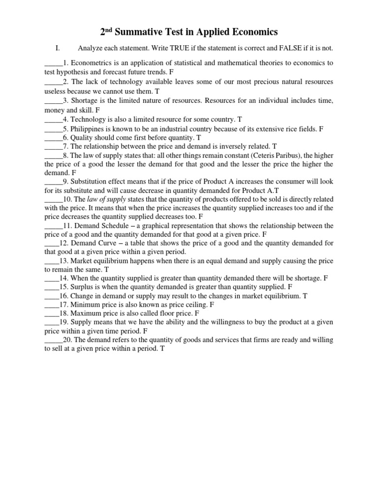 2nd Summative Test in Applied Economics | PDF | Demand | Supply (Economics)