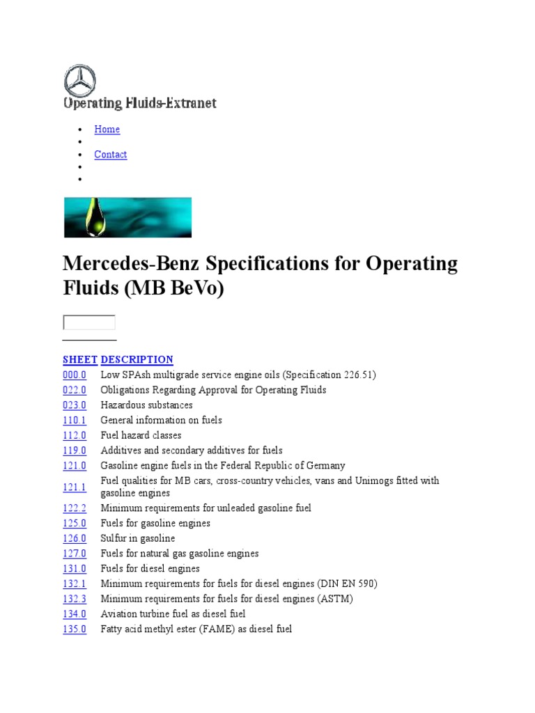 Mercedes-Benz Fluid Specifications For Operating Fluids | PDF | Motor ...