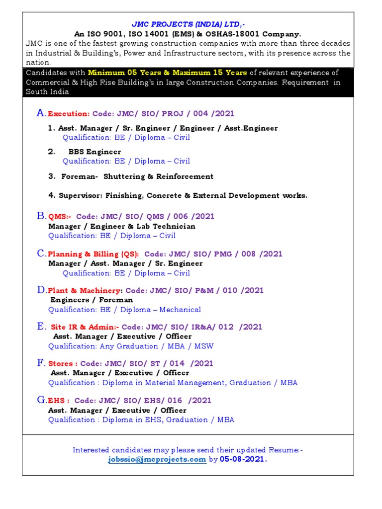 Minimum 05 Years & Maximum 15 Years: Code: JMC/ SIO/ PROJ / 004 /2021 | PDF