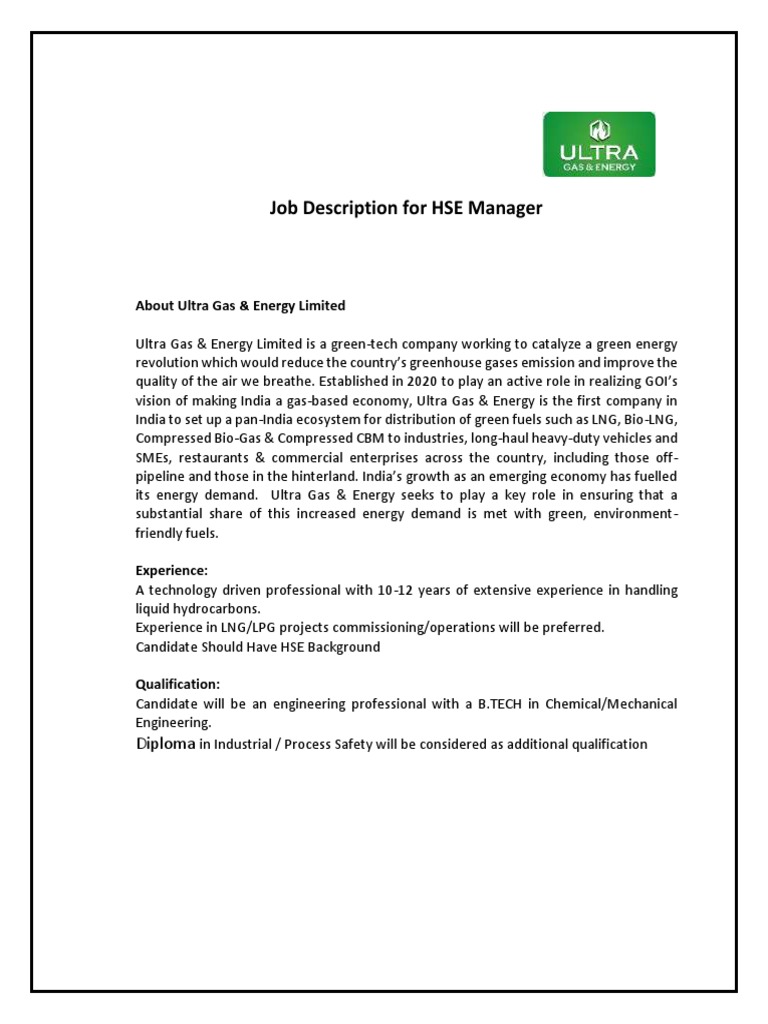 HSE Manager Job Description at Ultra Gas | PDF | Liquefied Natural Gas ...
