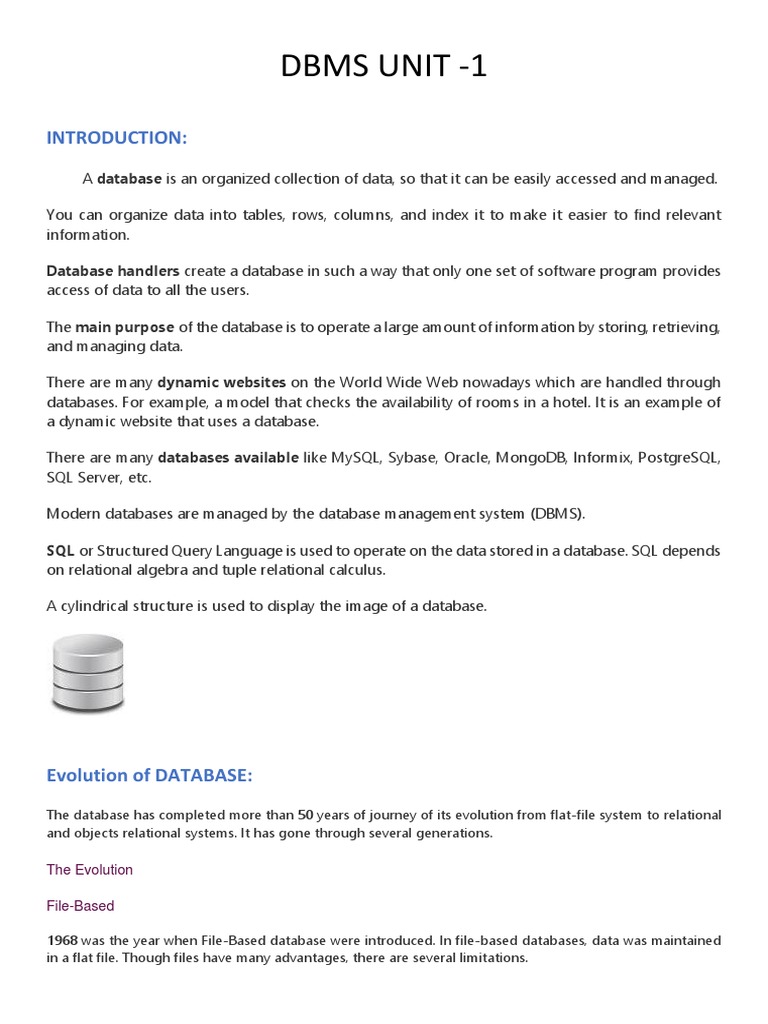 DBMS UNIT -1 INTRODUCTION | PDF | Databases | Computer Data Storage