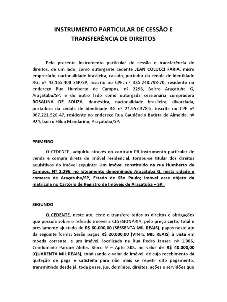 Instrumento Particular De Cessão E Transferência De Direitos Pdf