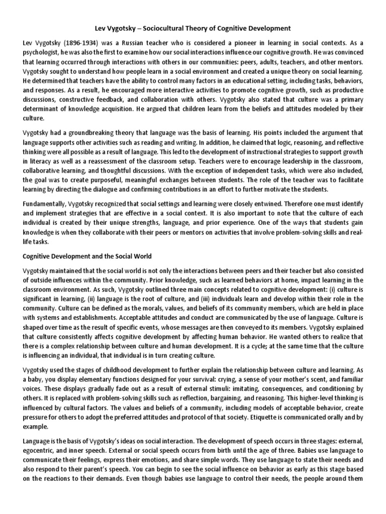 Cognitive Development and the Social World: An Analysis of Lev Vygotsky ...