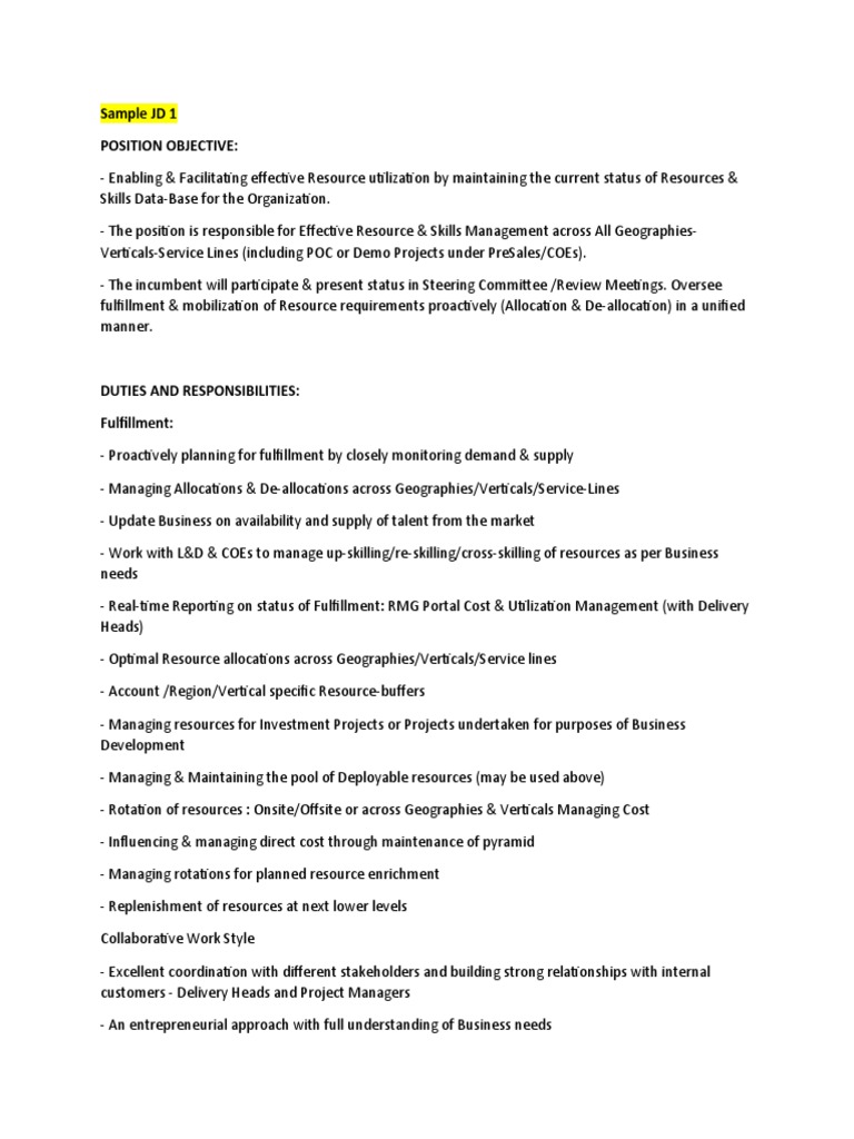 Sample JD 1 Position Objective | PDF | Governance | Leadership