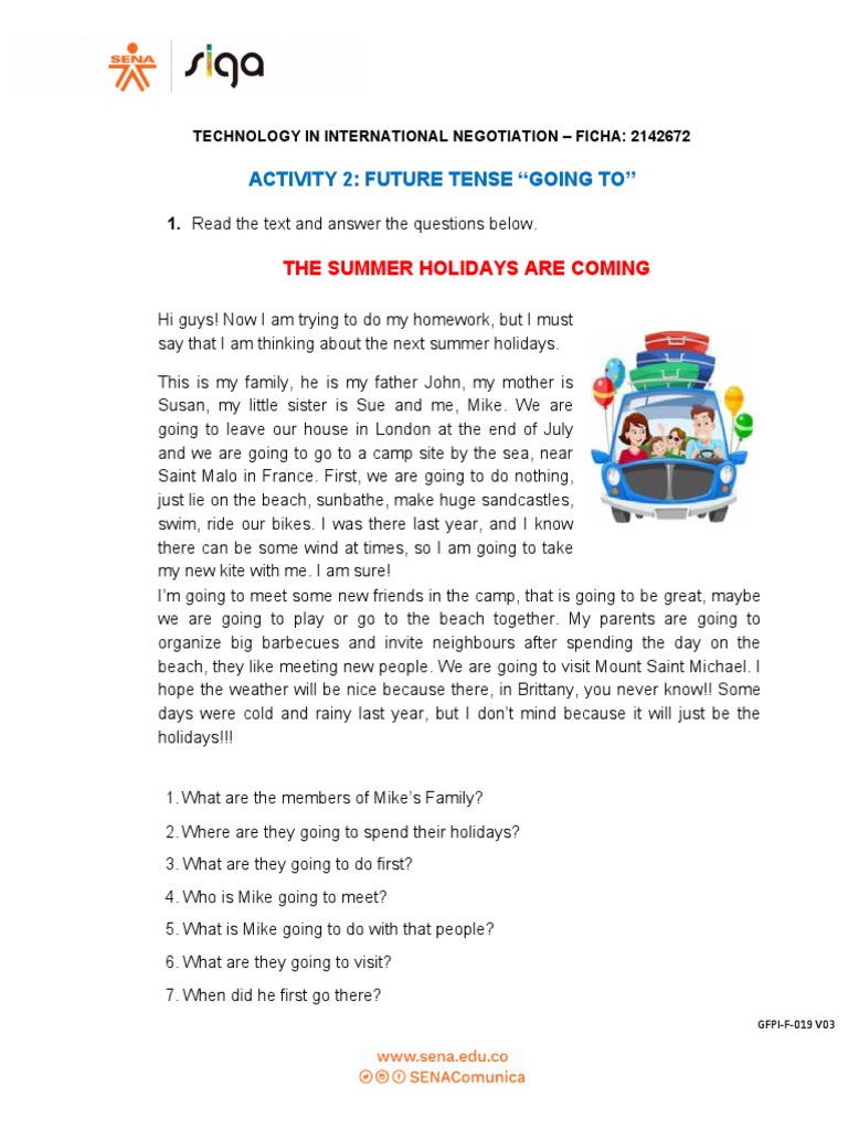 Activity 2: Future Tense "Going To": The Summer Holidays Are Coming ...