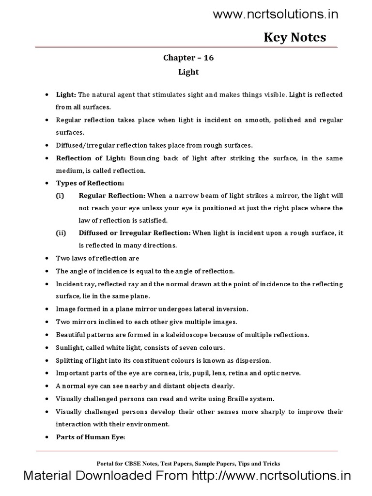 CBSE Light Chapter Key Notes | PDF | Eye | Reflection (Physics)