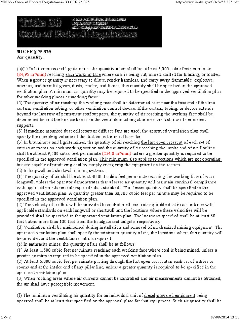 MSHA - Code of Federal Regulations - 30 CFR 75 | PDF