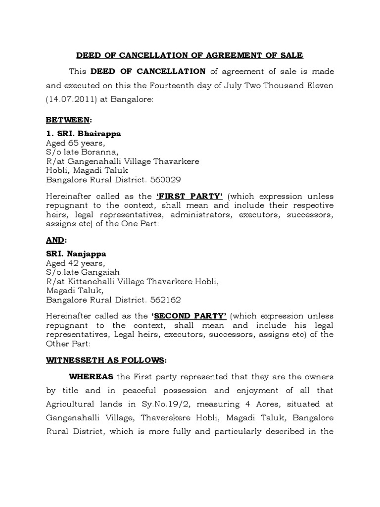 Cancellation Deed of Agreement of Sale - Praful Chandra | PDF | Deed ...